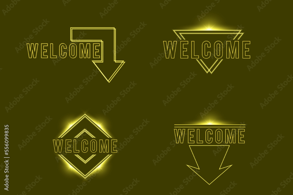 Yellow neon Welcome, glow arrow. Neon text of Welcome on black brick ...