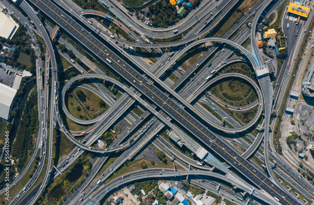 Aerial top view of Modern Multilevel Motorway Junction with Toll ...
