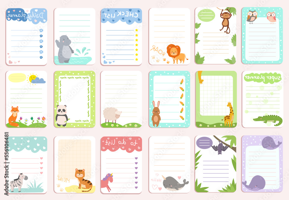 Cute notes collection, vector illustration. Kids daily planner banner ...