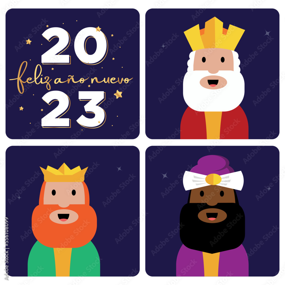 reyes magos feliz 2023 tarjeta de saludo, ilustración Stock Vector ...