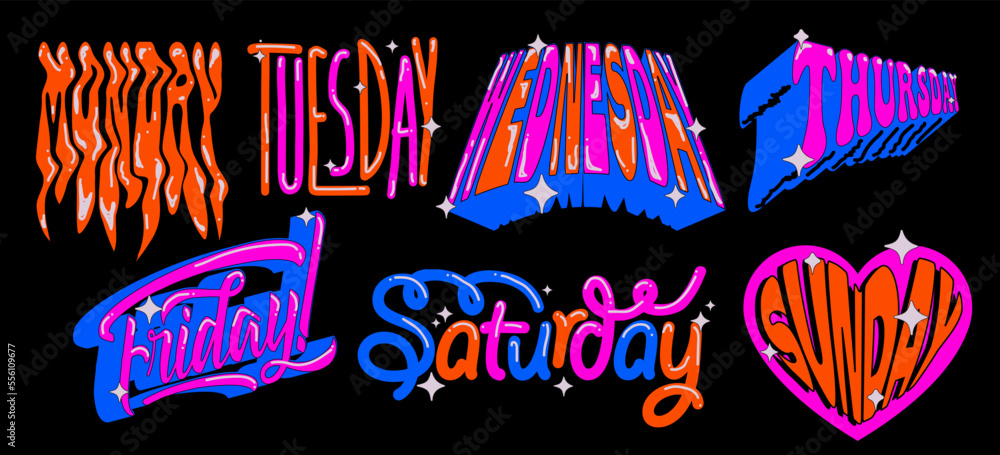 Days of the week colorful funny lettering sticker set isolated on black ...