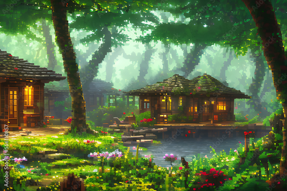 Paisaje rústico en el bosque, pixel art y anime - AI Generated Art ...