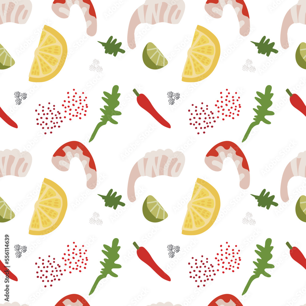 Seafood shrimp seamless pattern with nori, salmon, sesame seeds ...