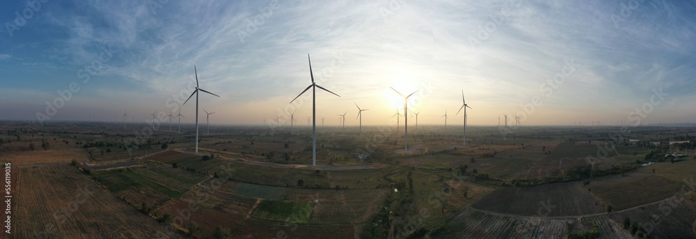 Panorama view of powerful wind turbines farm for energy production on ...