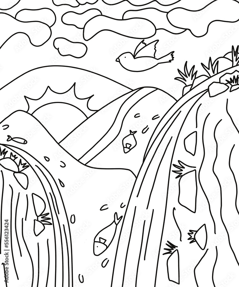 Natural waterfall with fish jumping , coloring pages for kids and ...