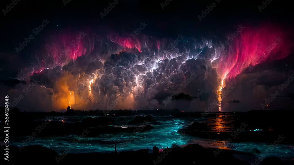 Beautiful And Colorful Thunder Storm In The Night Sky Stock ...