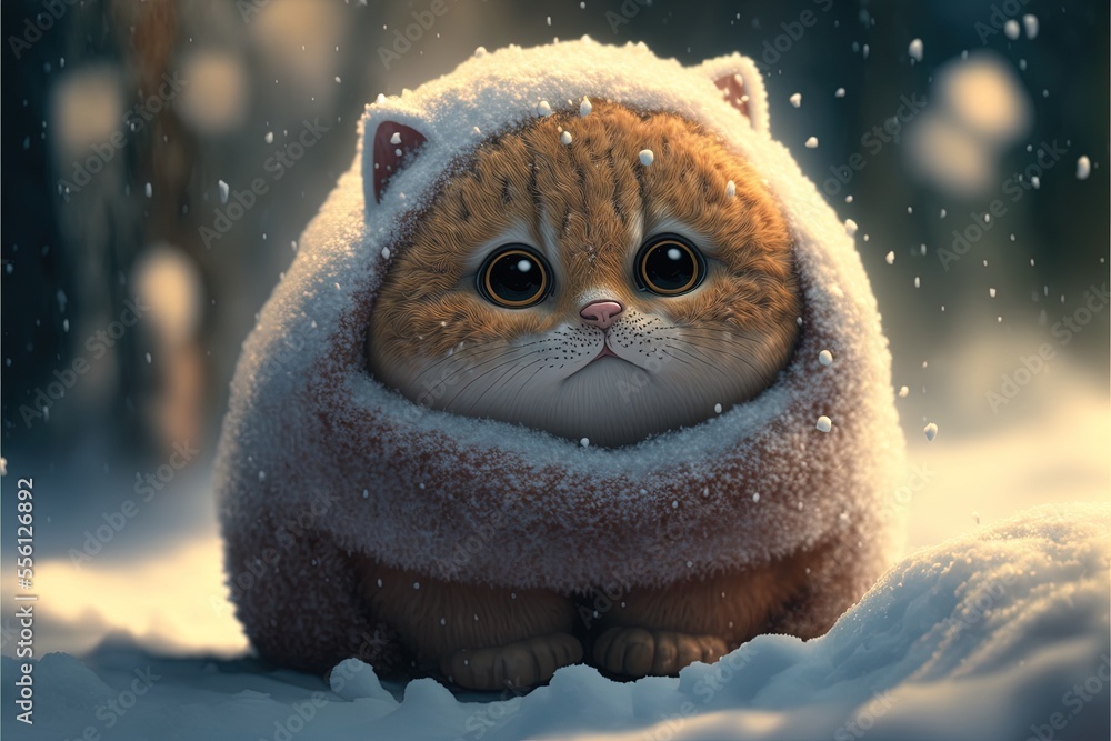 Cute adorable chonky cat with big eyes in cozy snow, winter holidays ...