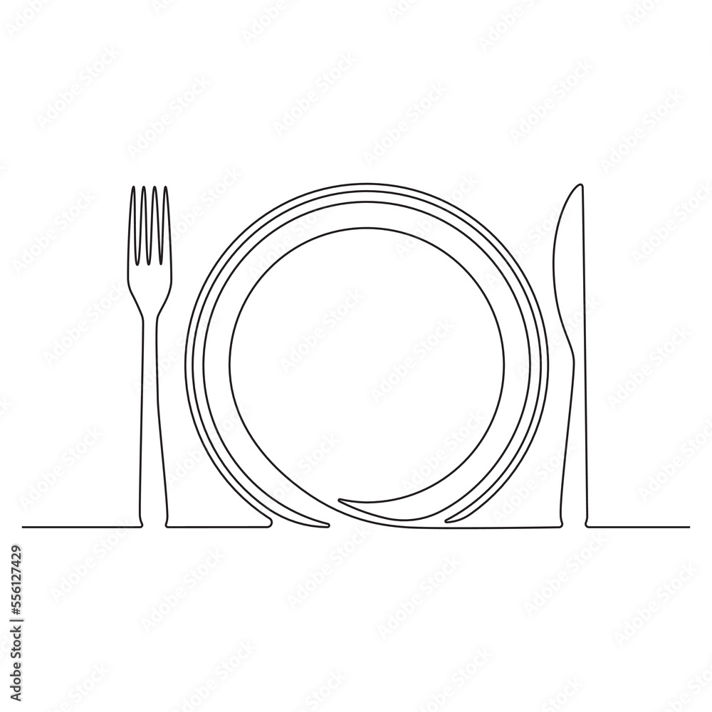 One continuous line plate, knife and fork. one line drawing isolated on ...