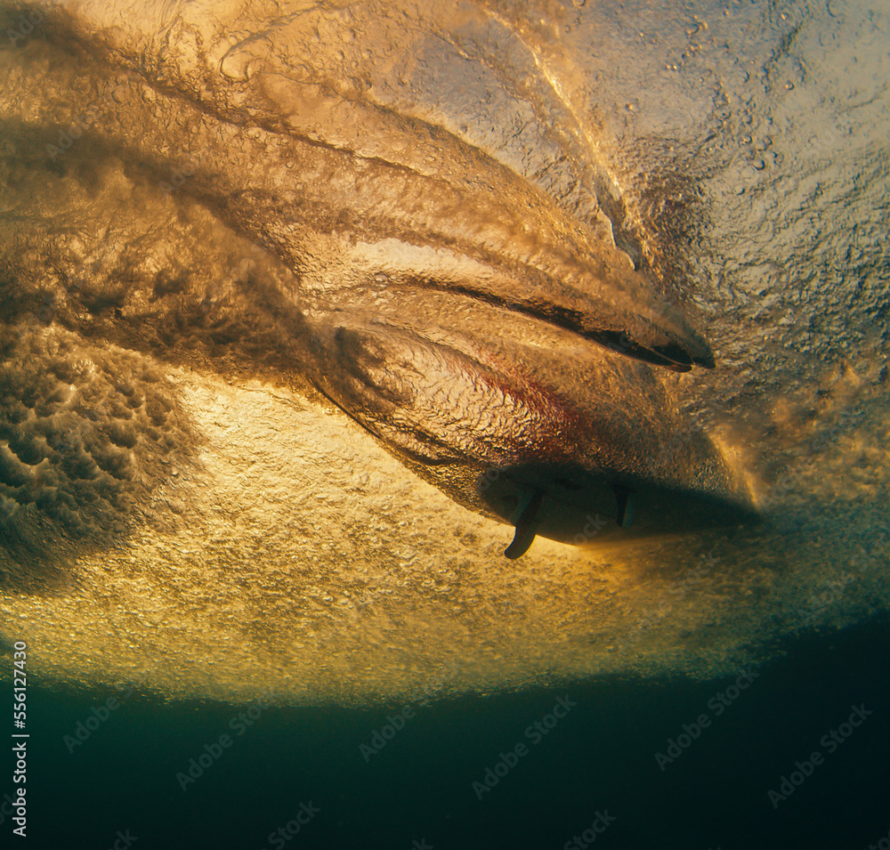 Surfer rides the wave and grabs the water surface. Underwater through ...