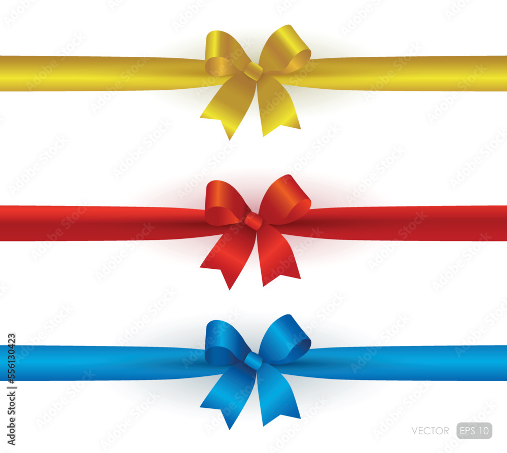 Red, blue, gold ribbon and a big bow isolated on white background ...