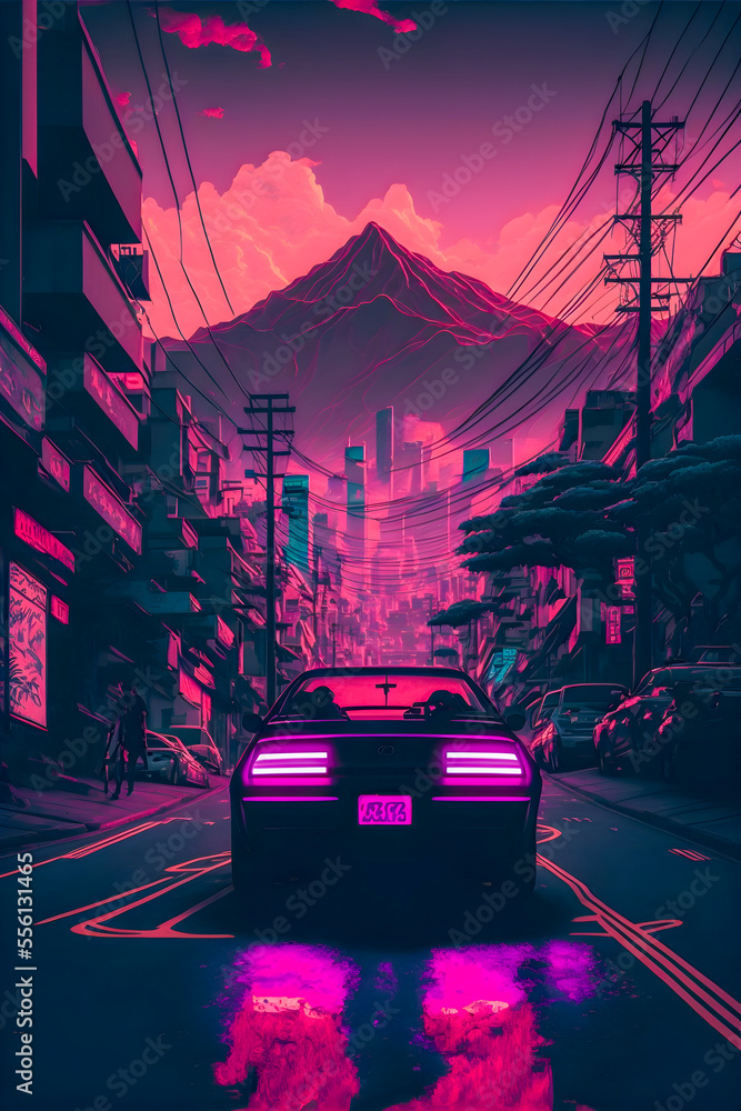 Hand drawn synthwave Japan illustration Stock Illustration | Adobe Stock