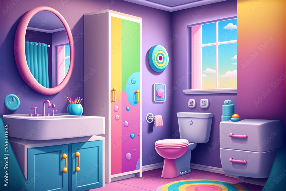 bathroom with pink and blue tiles cartoon background generative ai Stock Illustration | Adobe Stock