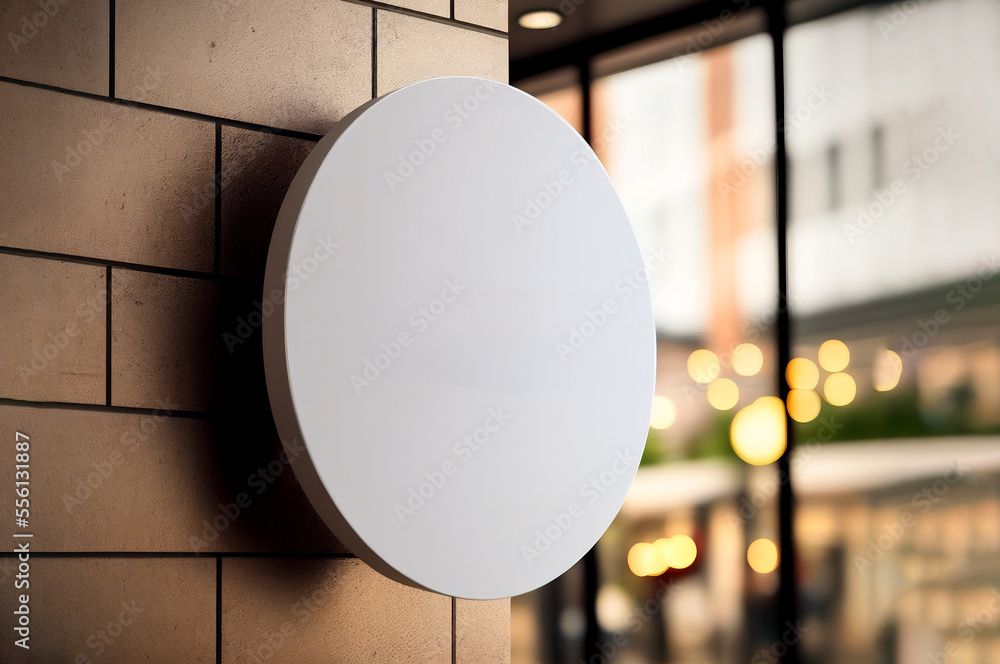 Blank round white signboard on the wall outdoor, mock up for logo ...