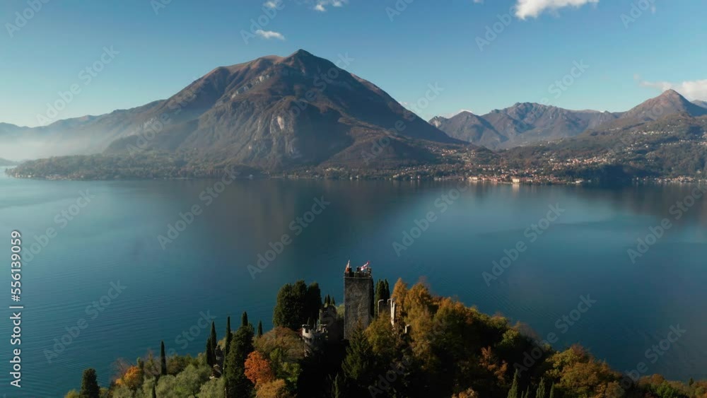 Scenic aerial view of Vezio Castle, above the Varenna town, at the ...