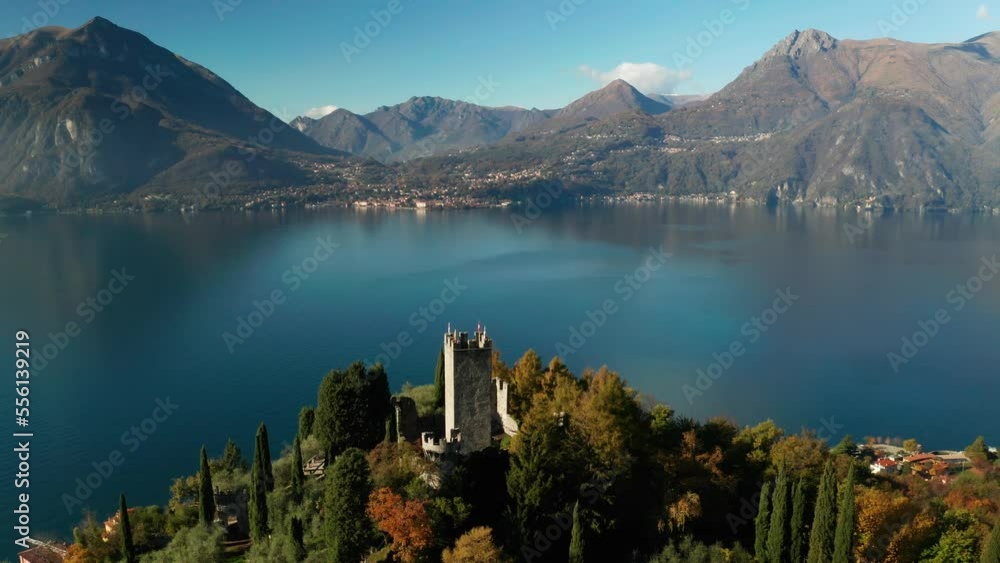 Scenic aerial view of Vezio Castle, above the Varenna town, at the ...