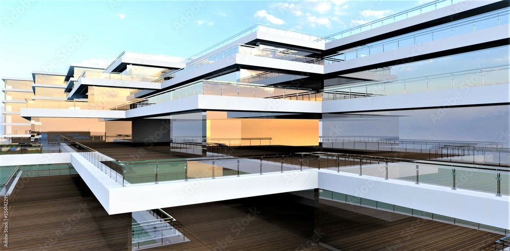 Abstract glass facade of a modern luxury hotel in a sparsely built-up ...