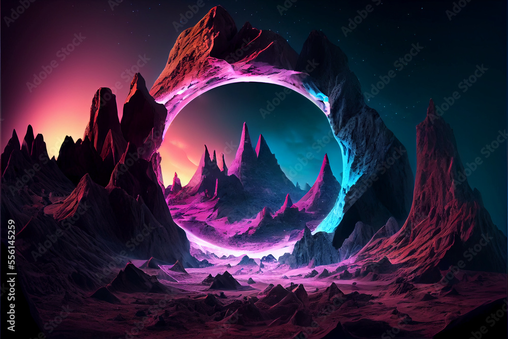 3d render, abstract neon background, mystical cosmic landscape, pink ...