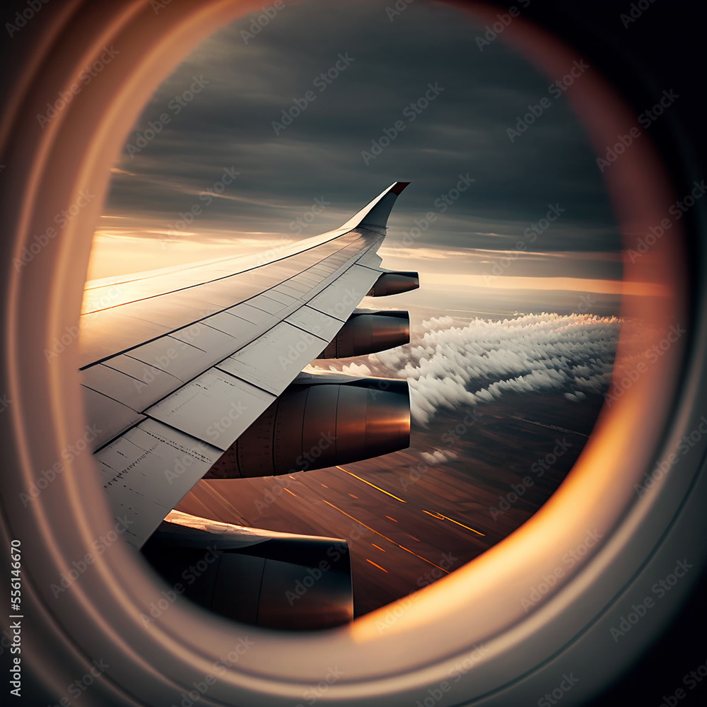Point of view of a plane wing flying during sunset. Illustration ...