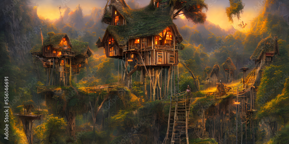 Treehouse, valley, fairytale treehouse village covered,matte painting ...