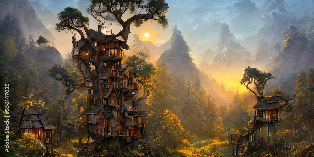 Treehouse, valley, fairytale treehouse village covered,matte painting ...
