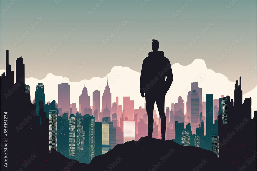 person standing on top of a hill, looking out at a city skyline ...