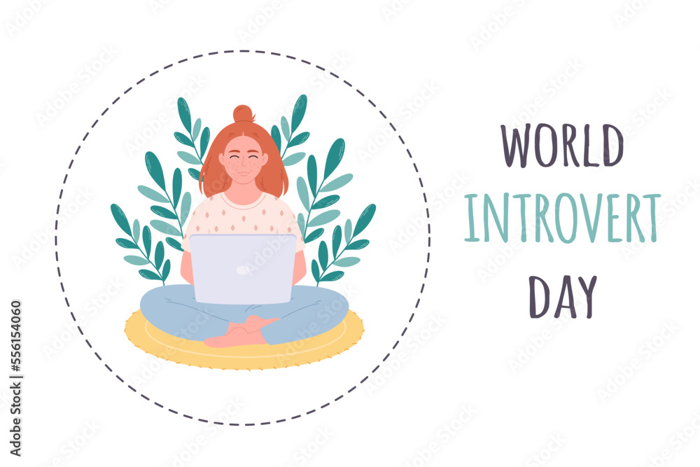 World Introvert Day. Woman sitting with laptop. Personal space concept ...