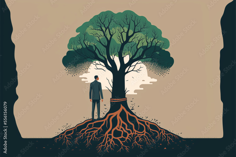 person standing in front of a tree with deep roots, representing the ...