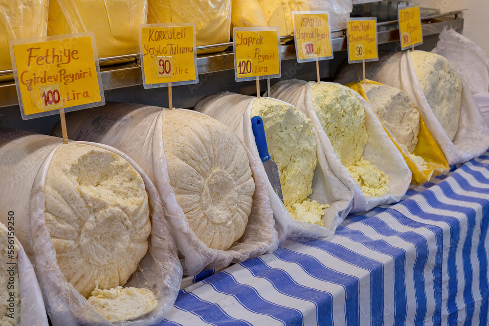 Types of village cheeses sold in the public market in Turkey. Tulum ...