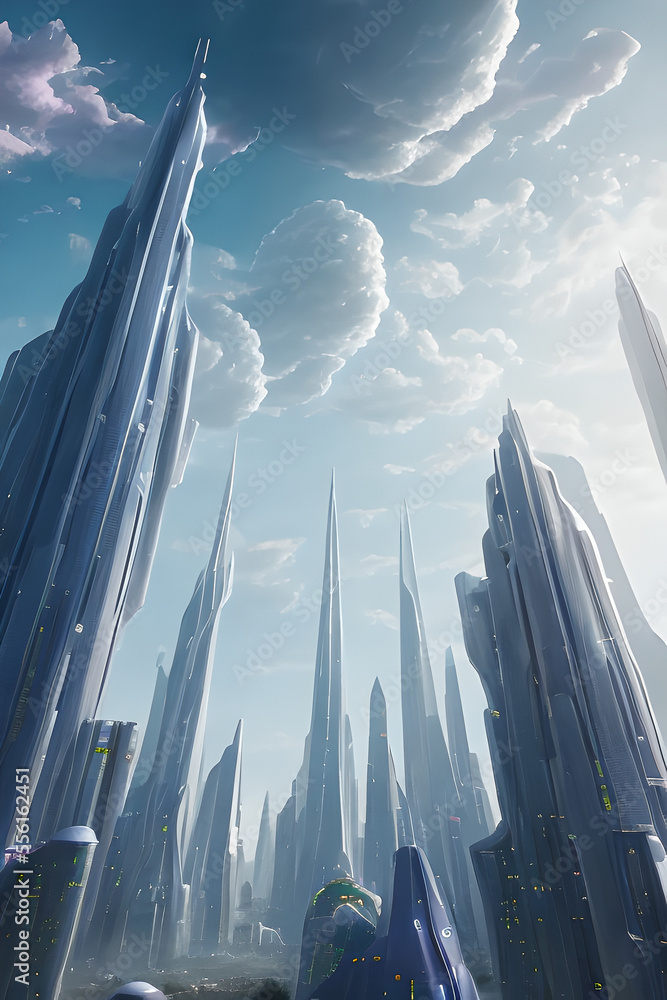 Futuristic city view with tall towers and skyscrapers, digital painting ...