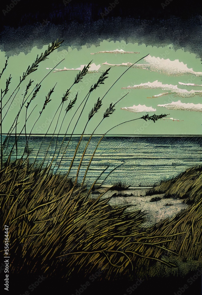 Wood block art, blocked colors create art landscape seascape, waves ...