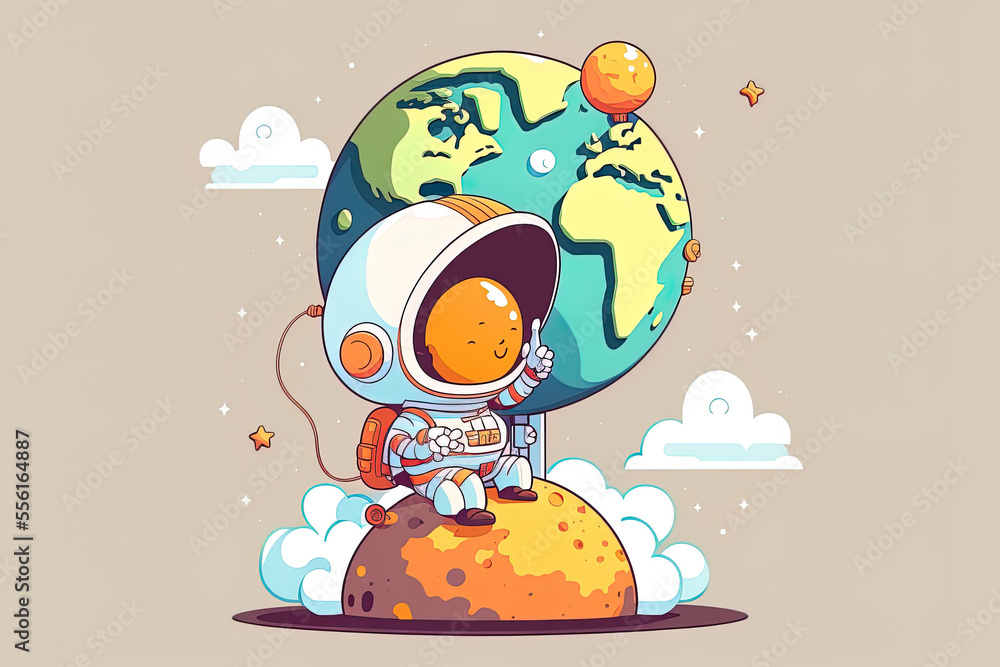Cartoon symbol of an astronaut perched on a cloud holding a globe in a ...