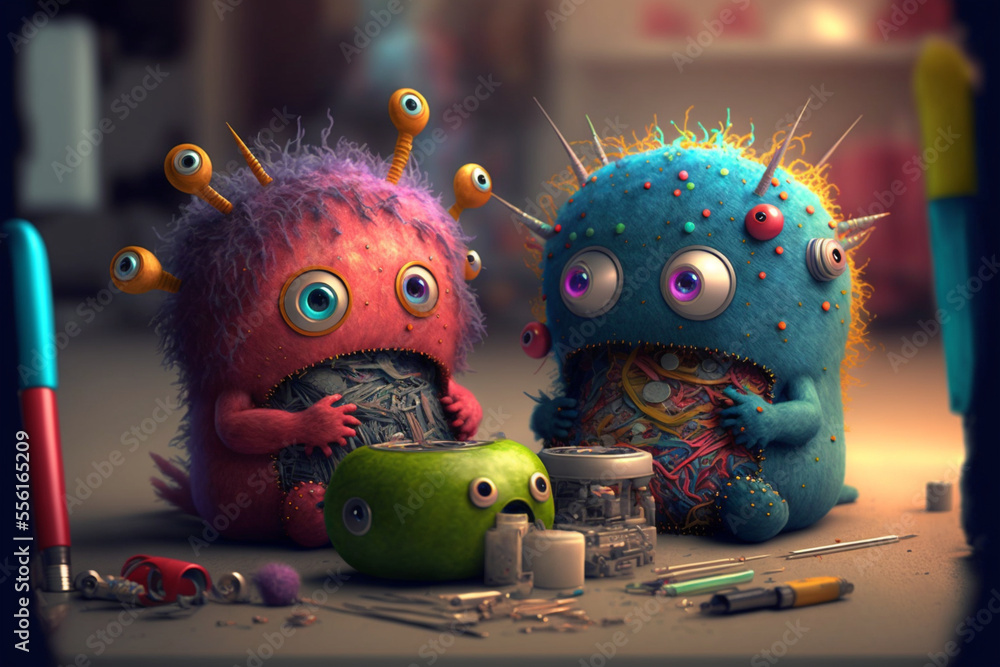 Group of cute little baby alien monsters working and crafting. Colorful ...