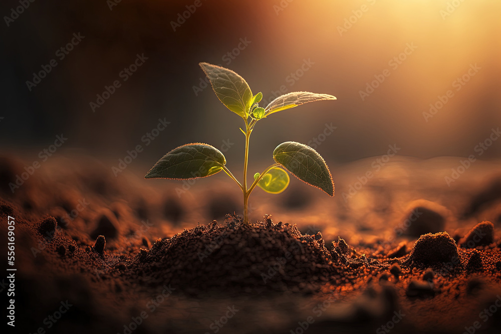 developing plant, Young plant with ground backdrop and dawn light, New ...