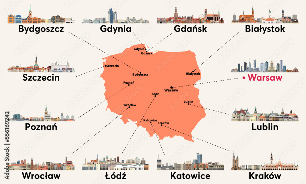 Poland map with main cities skylines. Vector illustration Stock Vector ...