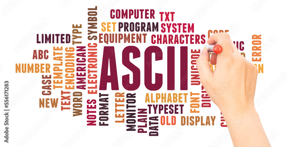 ASCII characters set word cloud and hand with marker Stock Illustration ...