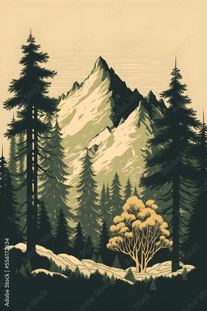 Vector illustration of a high mountain with pine trees and greenery ...