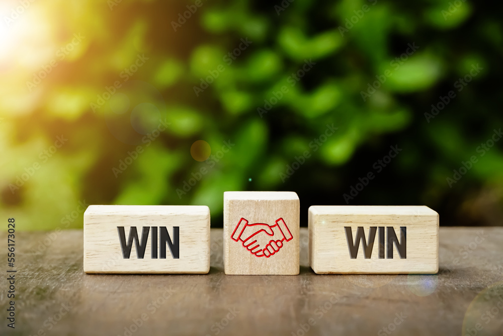 Wooden cube with the word win win with handshake icon, Win win ...