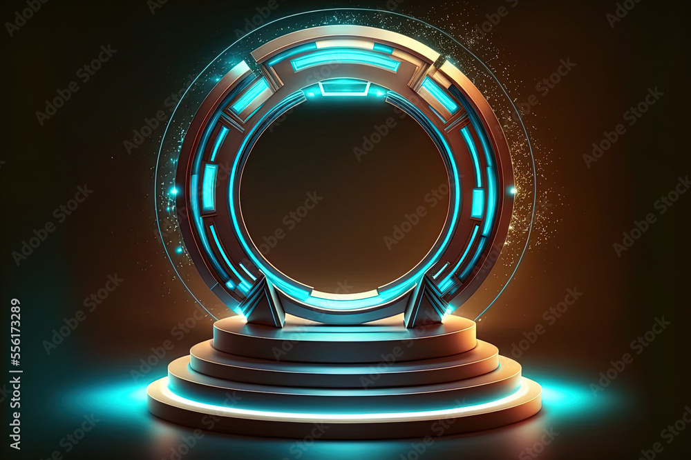 teleport podium in a circle. Stage with holograms and portal neon in ...