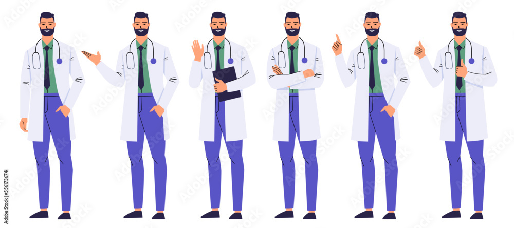 Doctor stands in different poses isolated on a white background. Man in ...