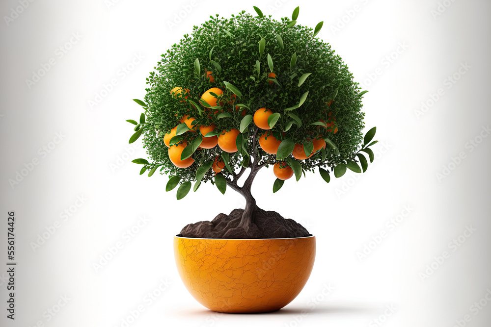 Small orange tree plant in container, front view, isolated on white ...