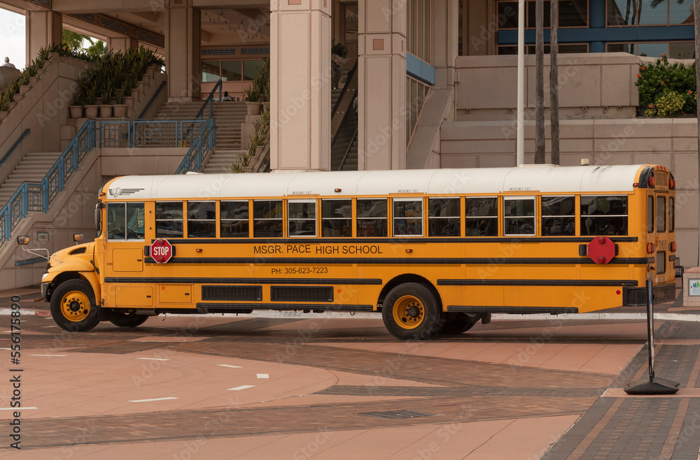 Tampa, Florida, USA. 2022. An American yellow school bus parked ...
