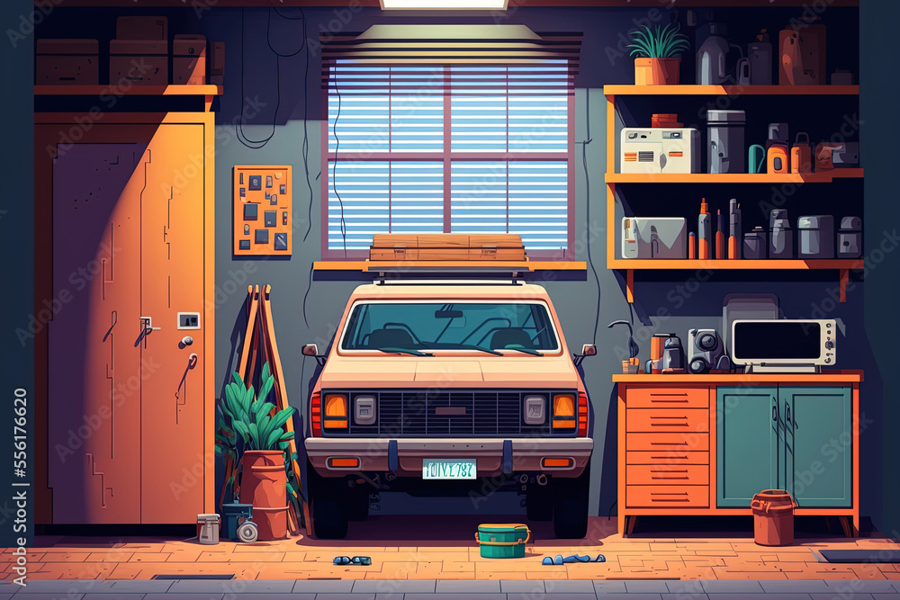 Interior of suburban home automobile garage with wooden shelf, internal ...