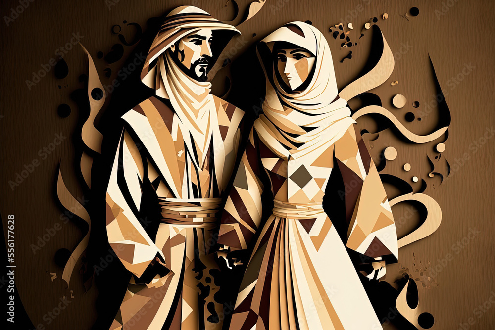 Cartoon couple from Qatar dressed in traditional attire. Generative AI ...