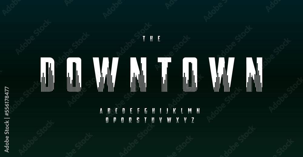 High bold font with skyscraper silhouettes in letters space. Big city ...