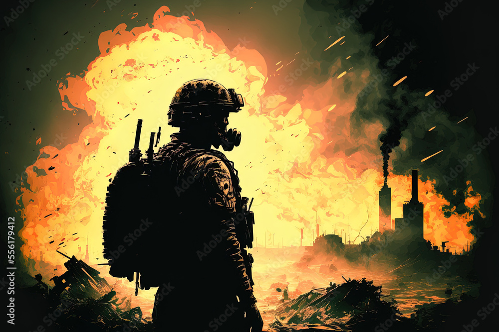 depicts a soldier with a machine gun, peering towards a nuclear ...