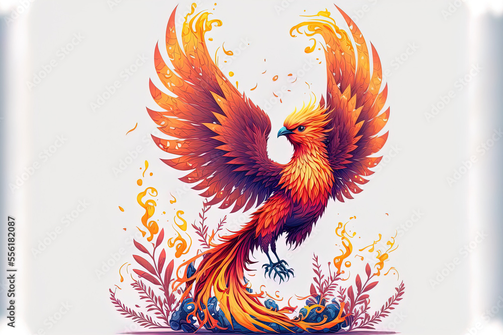 a cute phoenix with flames and orange blazing feathers. Flying ...
