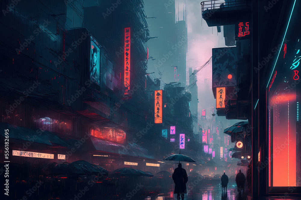Asian, futuristic cyberpunk metropolis in Japan. gloomy, rainy day with ...