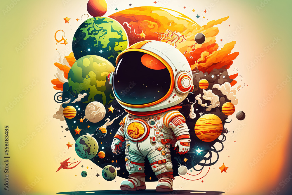 Cartoon cosmonaut in a hilarious space suit with planets of the solar ...