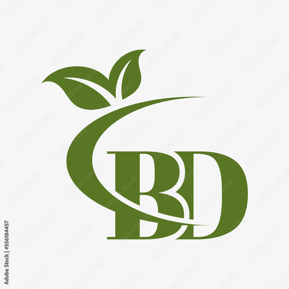BD Letter Logo with swoosh leaves icon vector. BD creative and nature ...