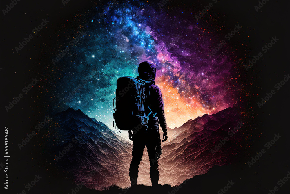 Young traveler silhouette with rucksack standing and gazing at the ...
